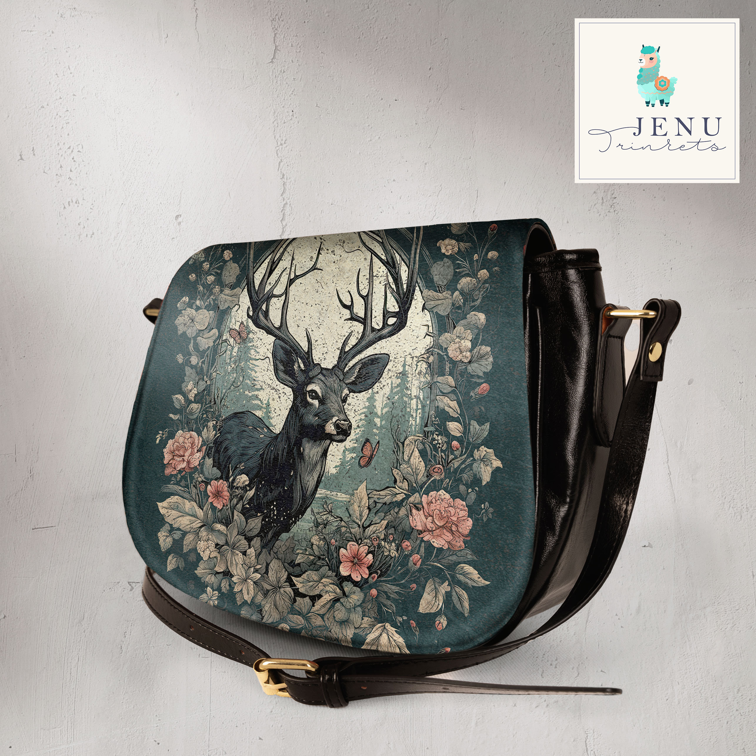 Black Vintage Victorian Woodland Deer Shoulder Bag Whimsical Forest ...