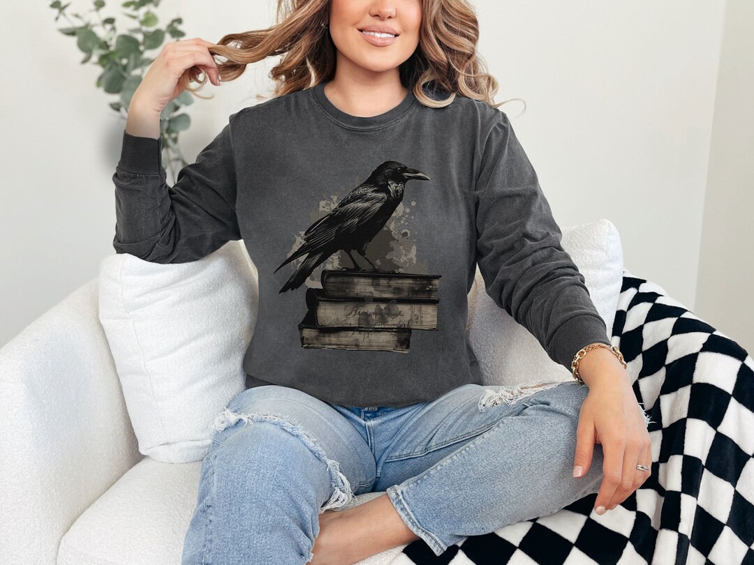 Gothic Ink Raven Book Long Sleeve Tshirt Crow Dark Academia Reading ...