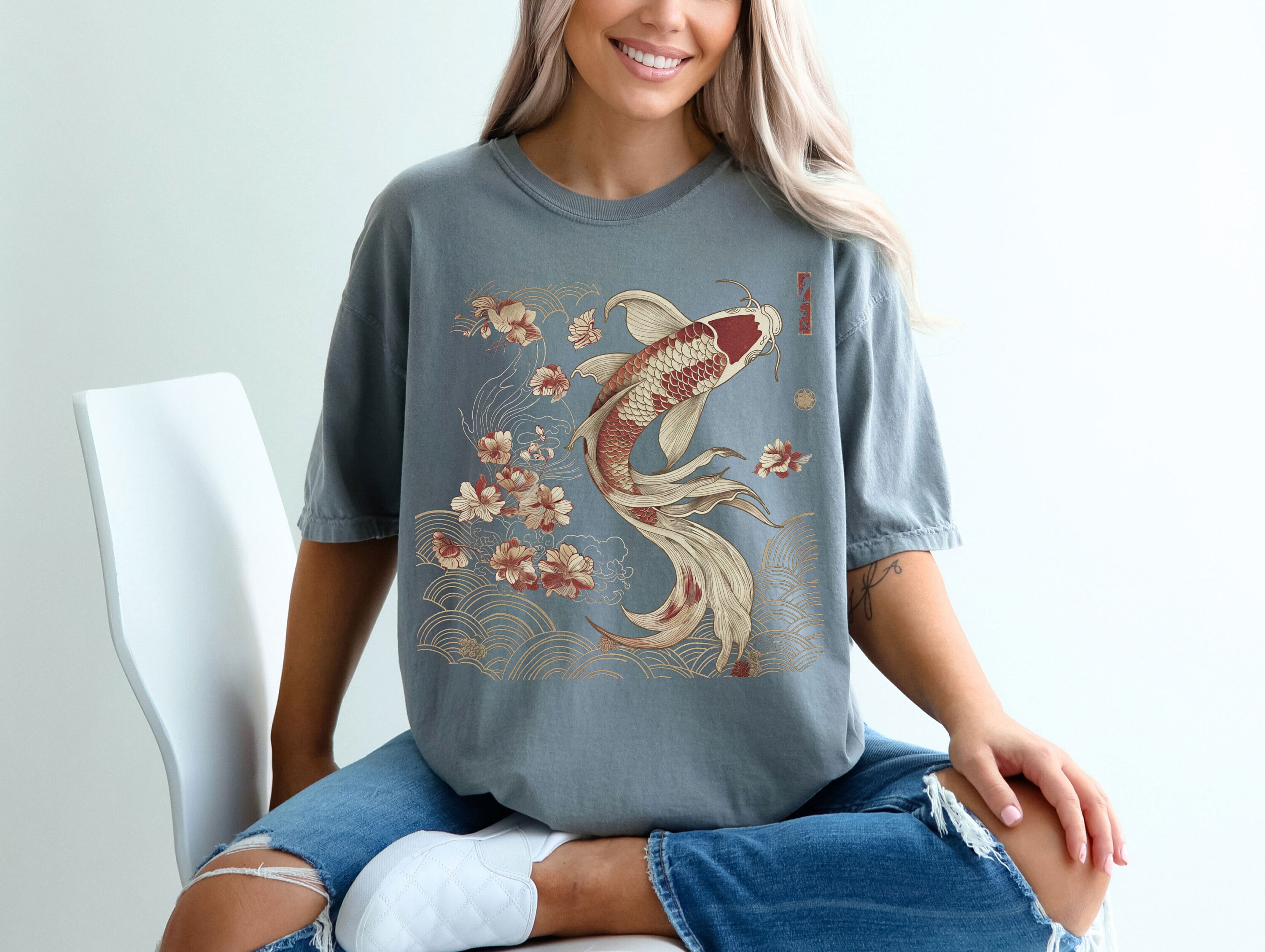 Vintage Japanese Koi Fish Tshirt Nautical Animal Asian Shirt Art ...