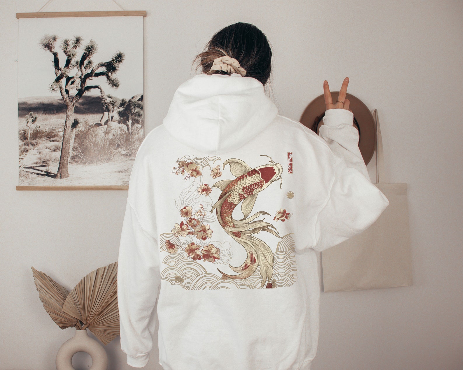 Cozy Vintage Japanese Koi Fish Hoodie Nautical Animal Asian Art Nouveau ...