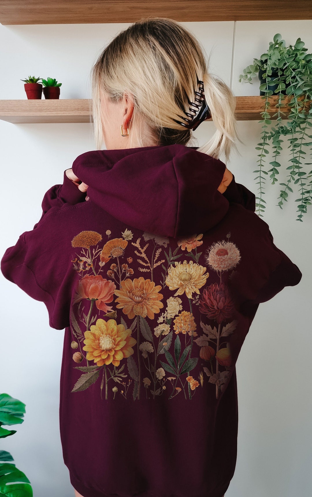 Retro Boho Fall Pressed Flowers Hoodie Vintage Floral Autumn Leaf ...