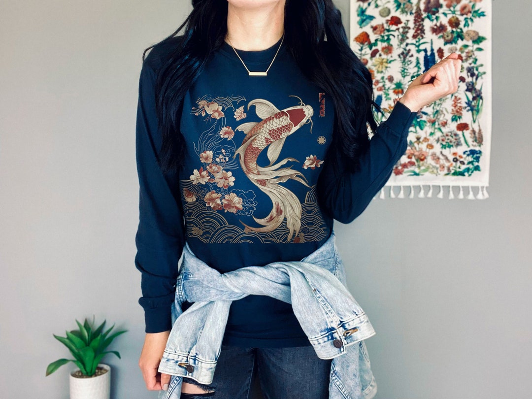 Vintage Japanese Koi Fish Long Sleeve Tshirt Cotton Swimming Animal ...