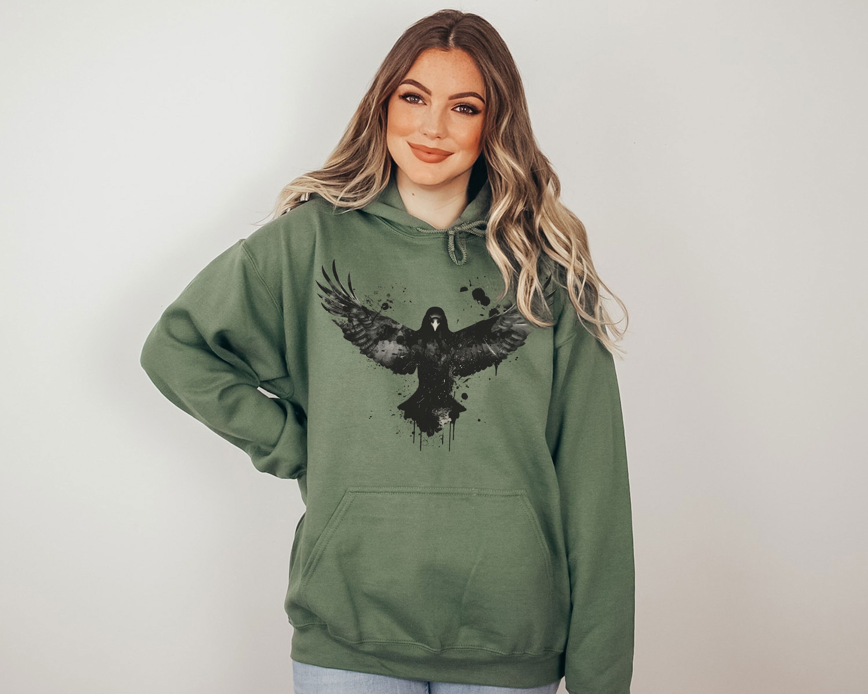 Gothic Ink Crow Hoodie Goth Flying Raven Bird Sweater Witchy Dark ...