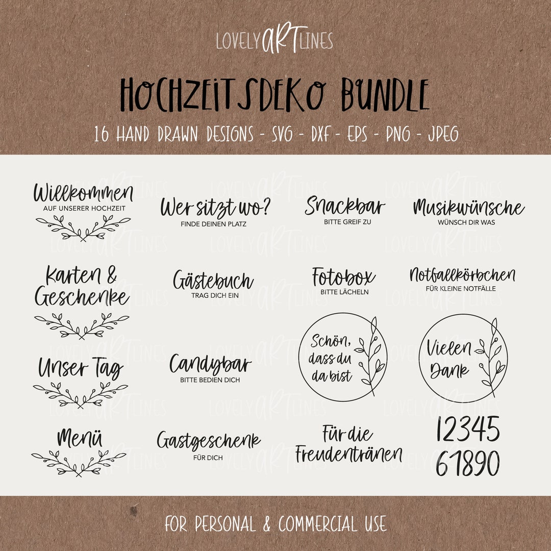 Hochzeitsdeko SVG Bundle, Plotterdatei Hochzeit für Cricut, Deko Vector Icons, Feier PNG Clipart ...