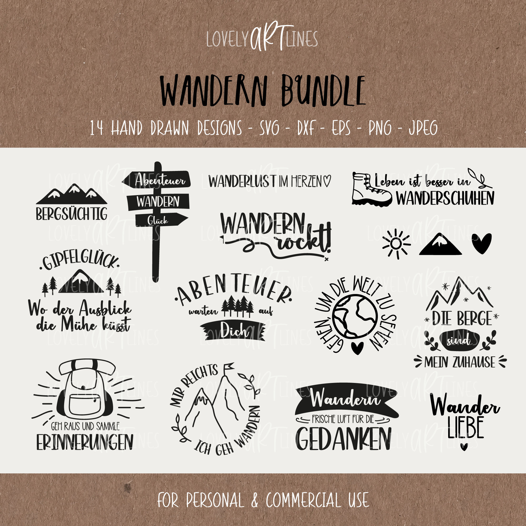 Wandern SVG Bundle, Plotterdatei Wanderlust für Cricut, Abenteuer Urlaub Icons, Berge PNG ...