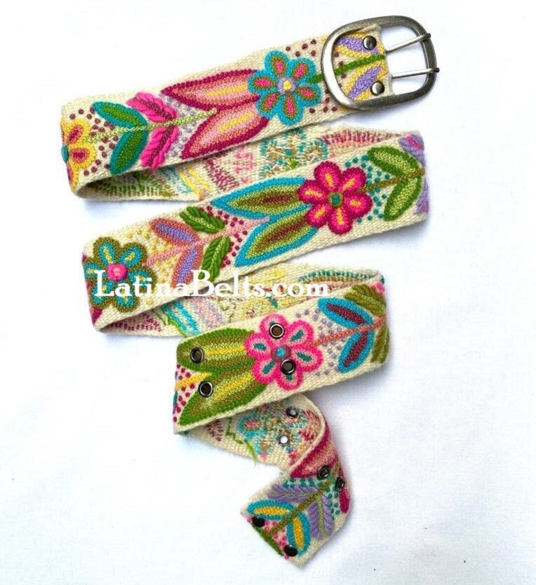 Hand Embroidered Belt Floral White With Pink Wool Embroidered Belts ...