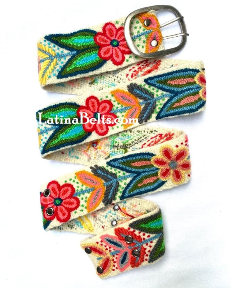 Hand Embroidered Belt Floral White With Pink Wool Embroidered Belts ...
