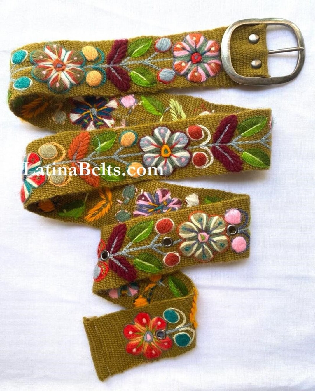 Hand Embroidered Belts Green Olive Floral Colorful Peruvian Embroidered ...