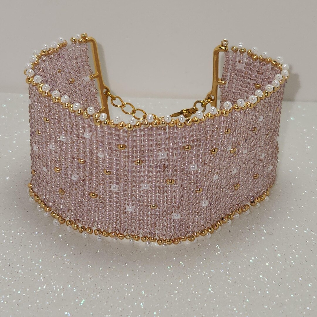 Elegant Handmade Mauve Seed Bead Cuff With Gold & Pearl Details - Etsy