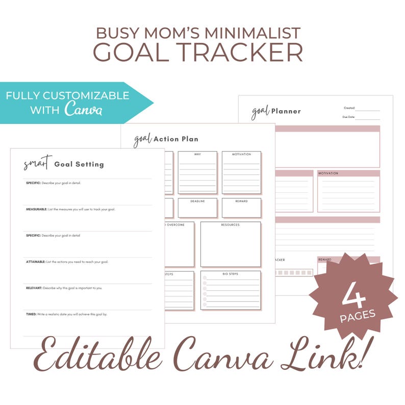 Goal Planner Printable | 4 Pages + Canva Templates | SMART Goals ...