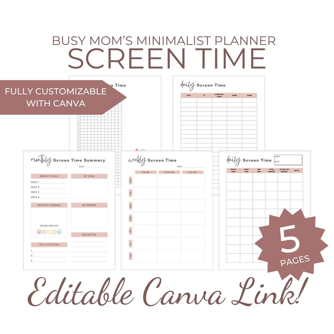 Screen Time Tracker: Printable PDF & Editable Canva Template - Etsy