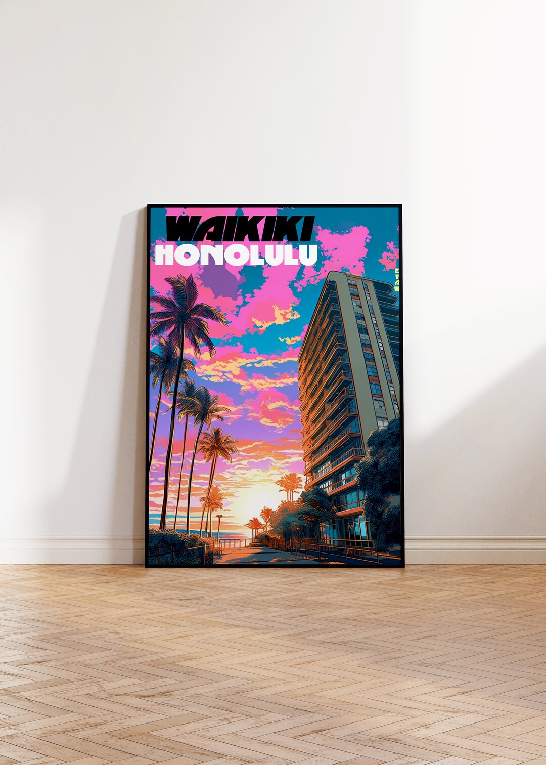 Waikiki Beach Poster, Honolulu Travel Poster, Oahu Wall Art, Sunset ...