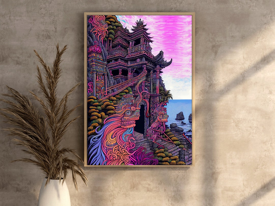 Bali Art, Ubud Temple Art, AI Digital Art, Pastel Ocean Digital Print ...