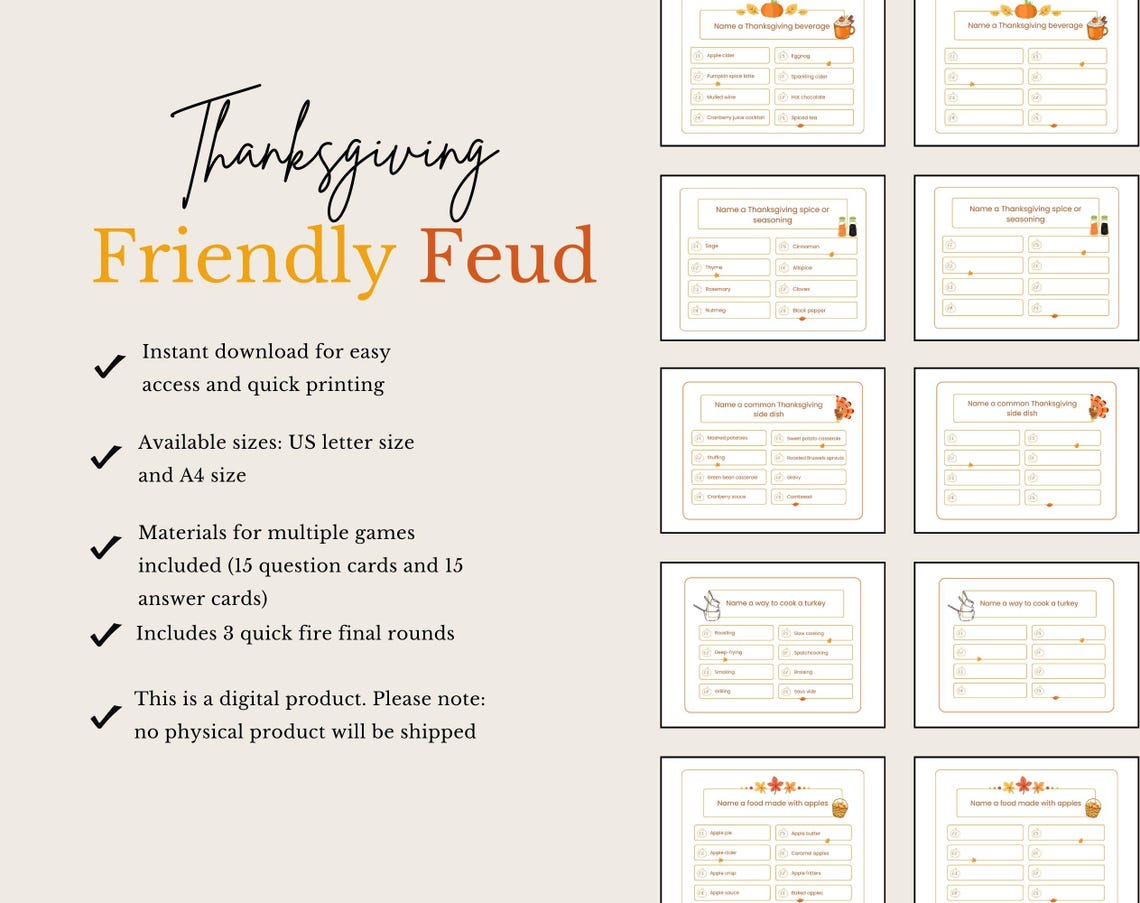 Thanksgiving Friendly Feud Printable Thanksgiving Family Feud Game Fun ...