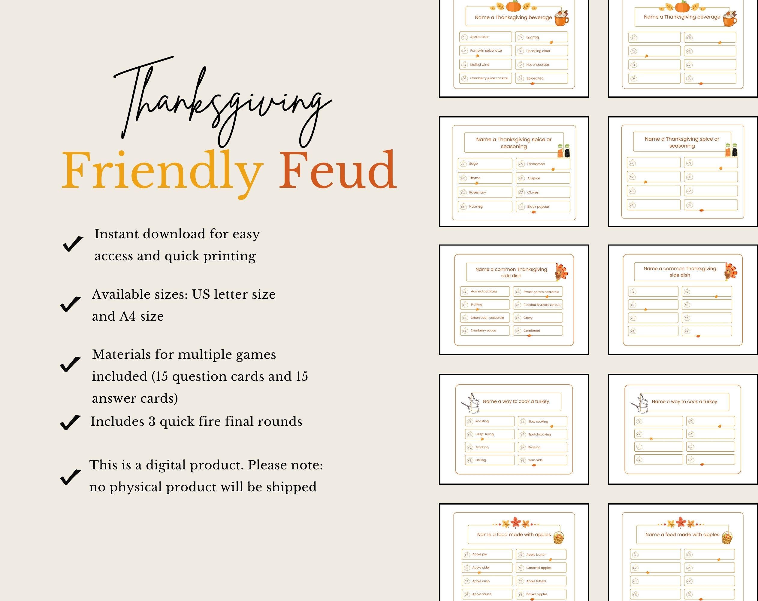 Thanksgiving Friendly Feud Printable Thanksgiving Family Feud Game Fun ...