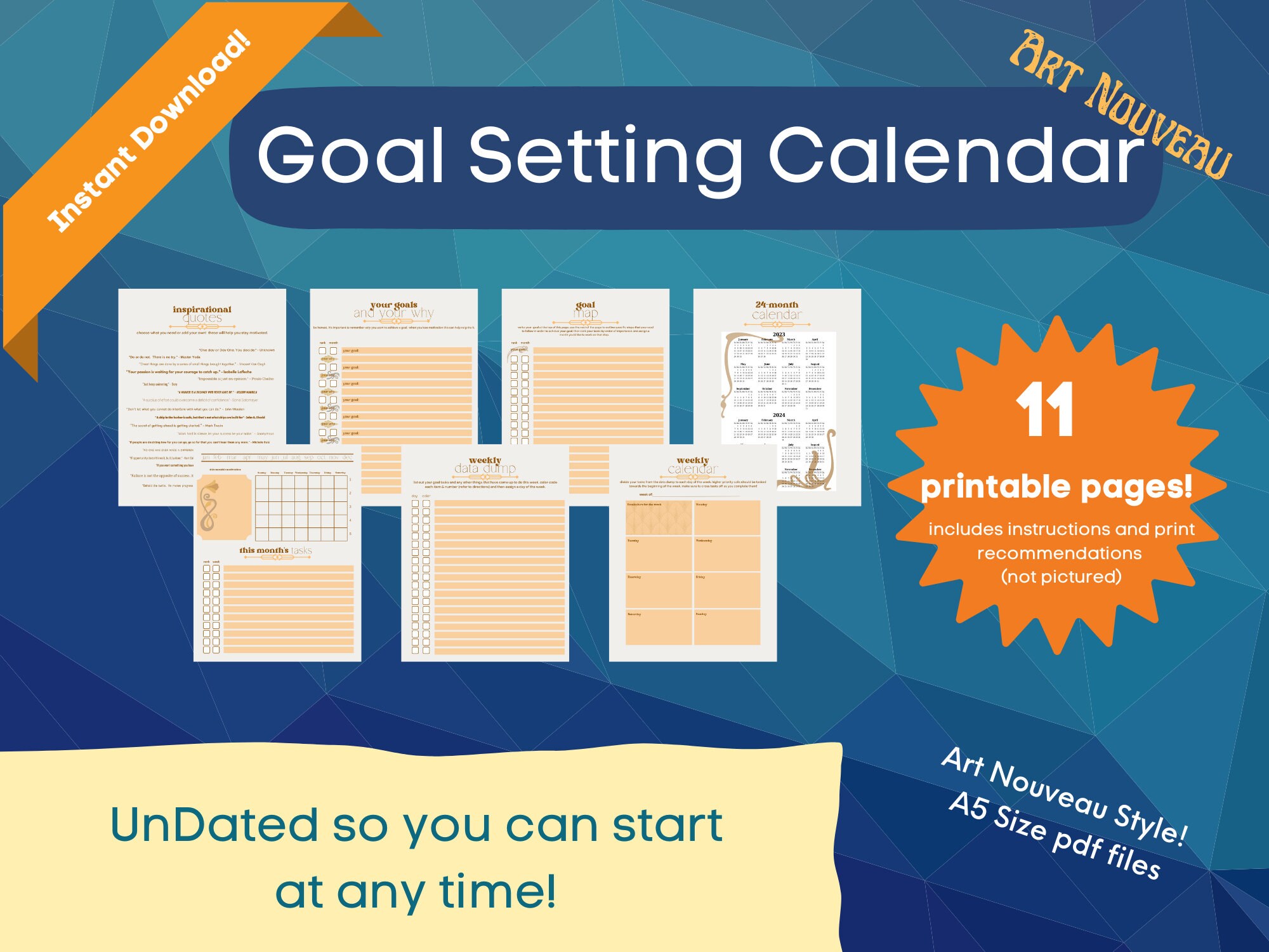 Art Nouveau Goal Setting Calendar - Undated - Start Anytime! A5 Size - Etsy