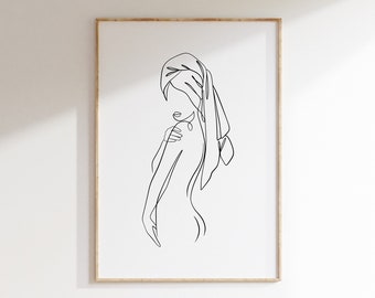Bathroom Line Art, Woman in Robe, Woman Art, Bathroom Print, Digital ...