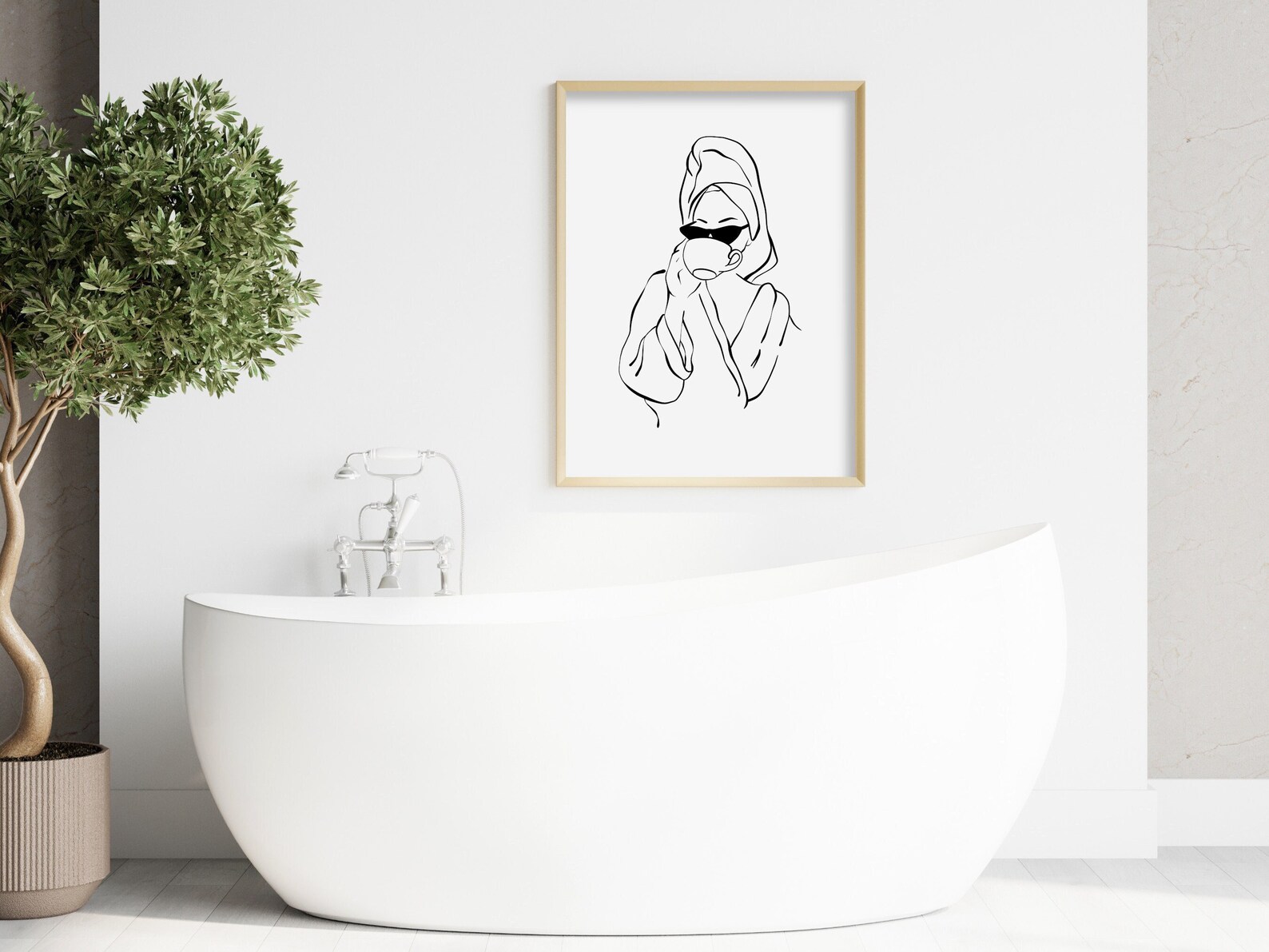 Bathroom Line Art, Woman in Robe, Woman Art, Bathroom Print, Digital ...