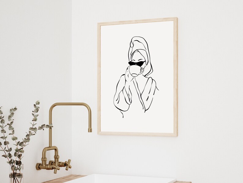Bathroom Line Art Woman in Robe Woman Art Bathroom Print - Etsy