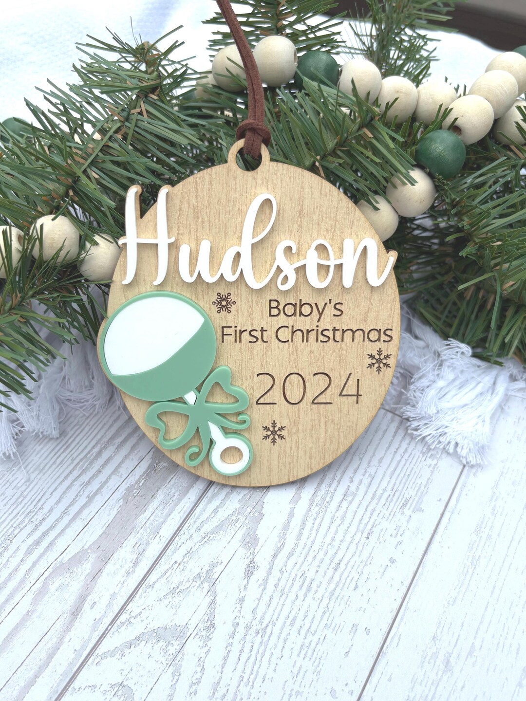 Personalized Baby's First Christmas Ornament: Maple Wood Rattle ...