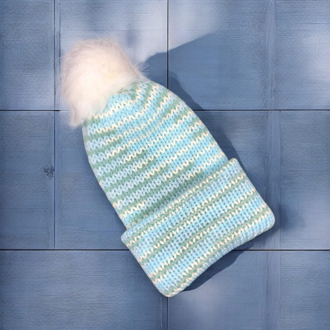 Cozy Glacier Blue Knit Toboggan Hat With Removable Faux Fur Pom-pom - Etsy
