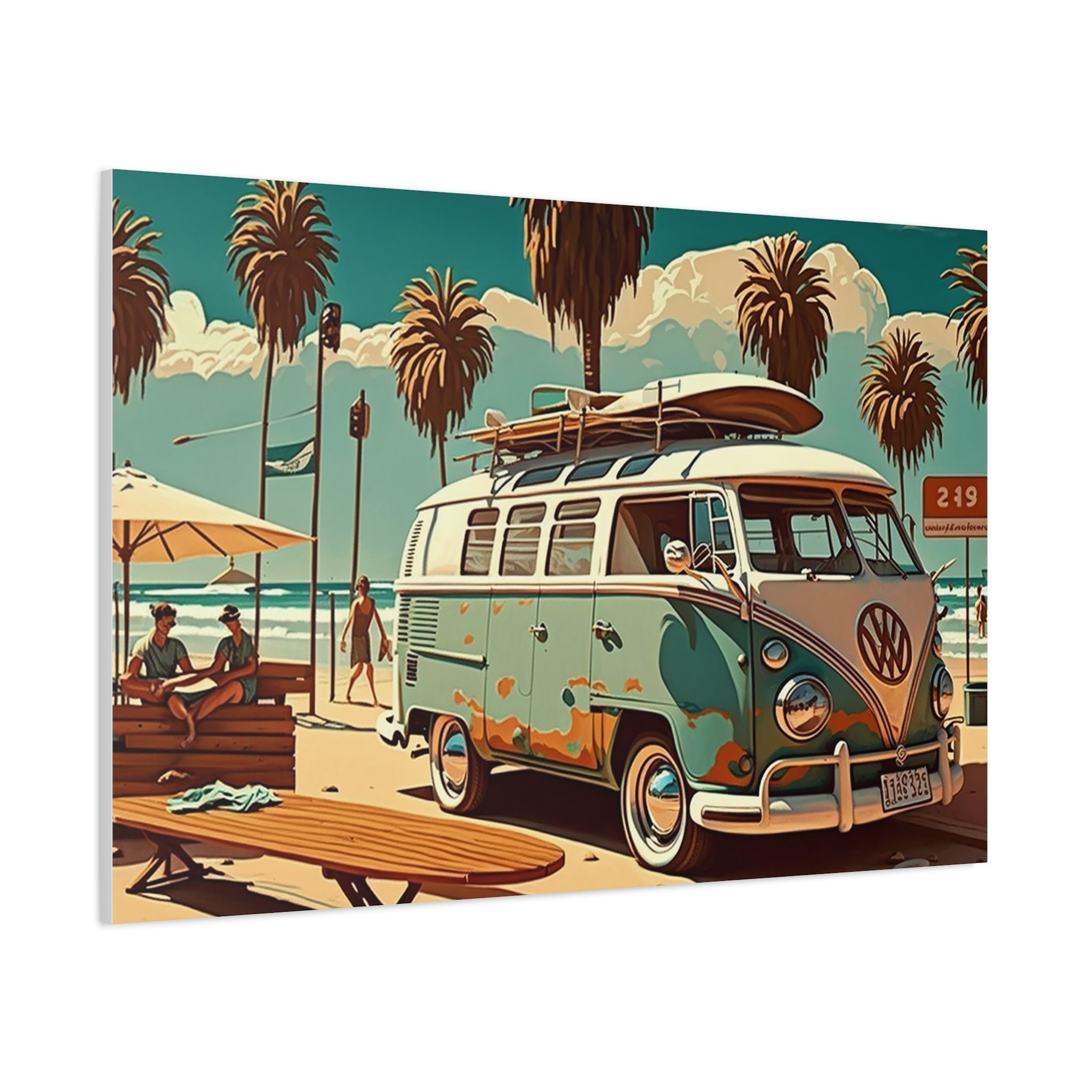 Vintage 70s Era VW Van Beach Illustration Digital Print Retro Wall Art ...