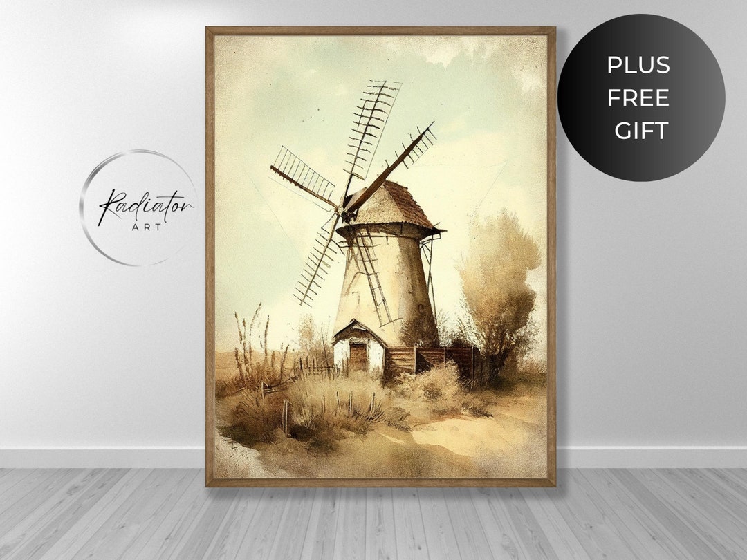 Vintage Windmill Sketch Print | Rustic Farmhouse Wall Art (digital ...