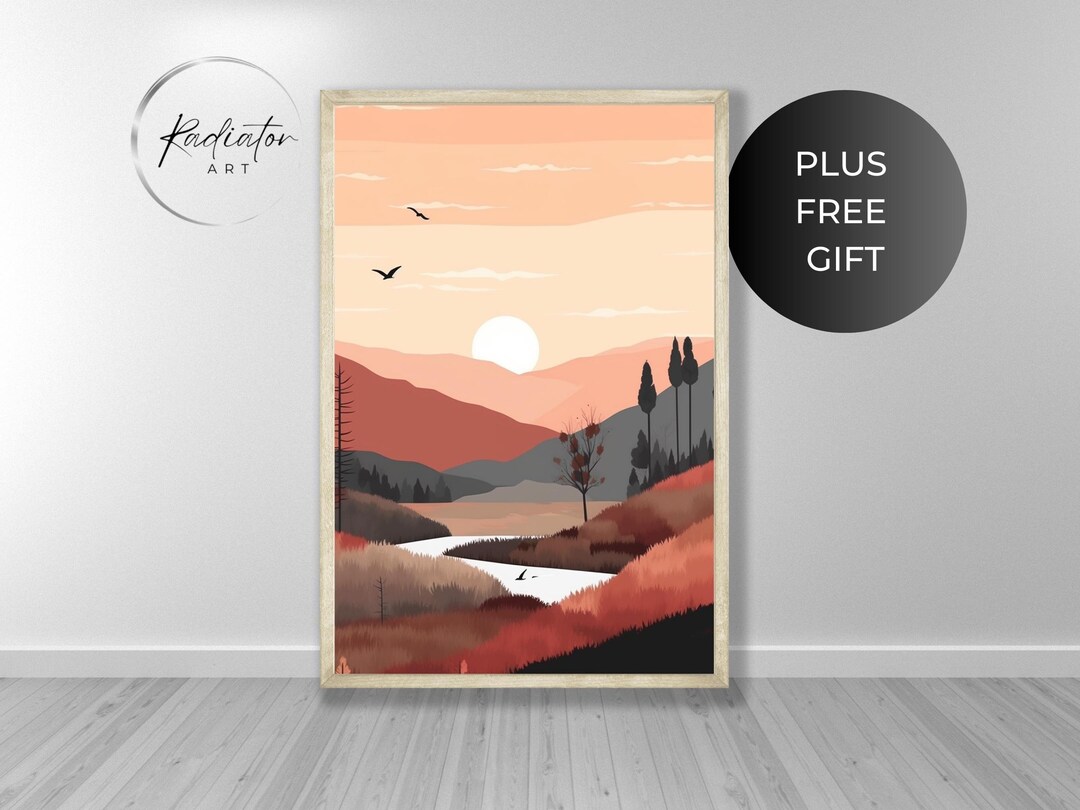 Boho Sunset Landscape Print | Terra Cotta Mountain Art (digital ...