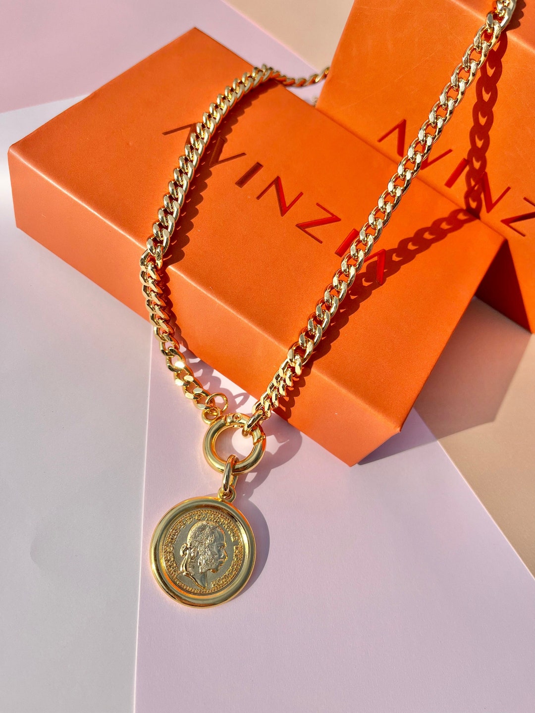 Gold Coin Medallion Necklace: Cuban Chain, 18k Gold Plated | Jewelry ...