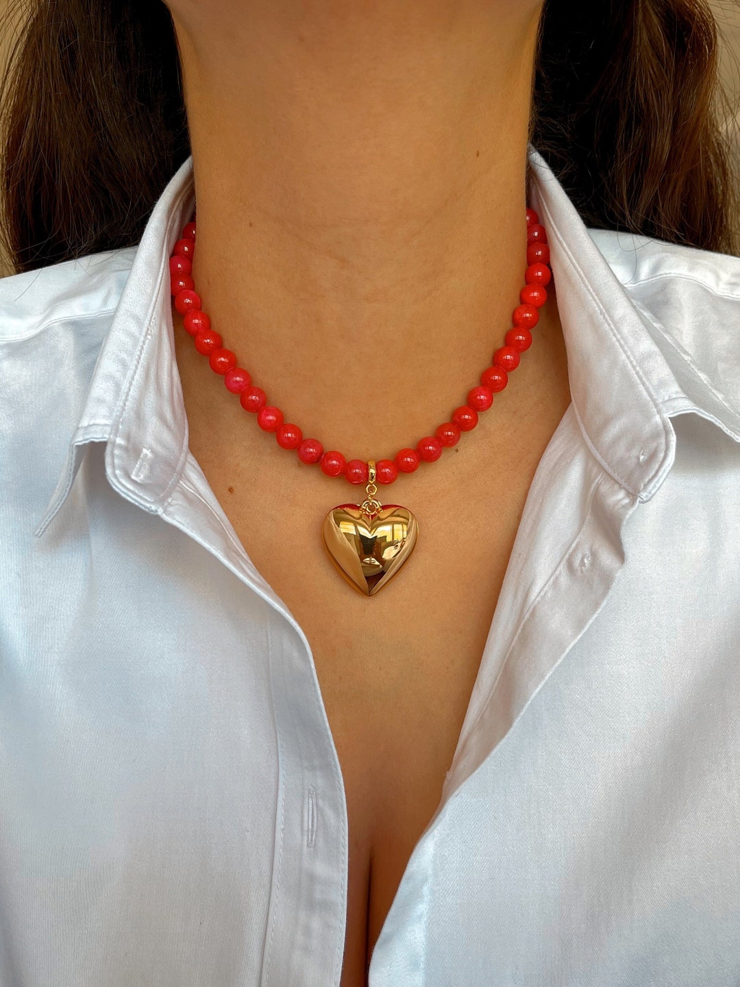 Puffy Heart Necklace | Turquoise Heart Necklace Charm | Pearl Puffed Heart Pendant Necklace ...