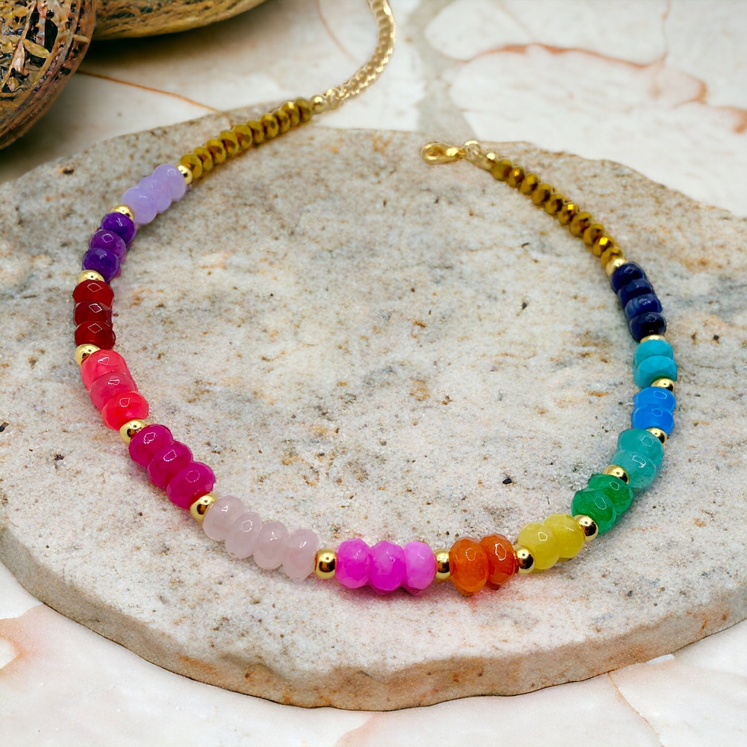 Rainbow Stones Necklace | Layering Necklace Colorful Rainbow Beaded ...