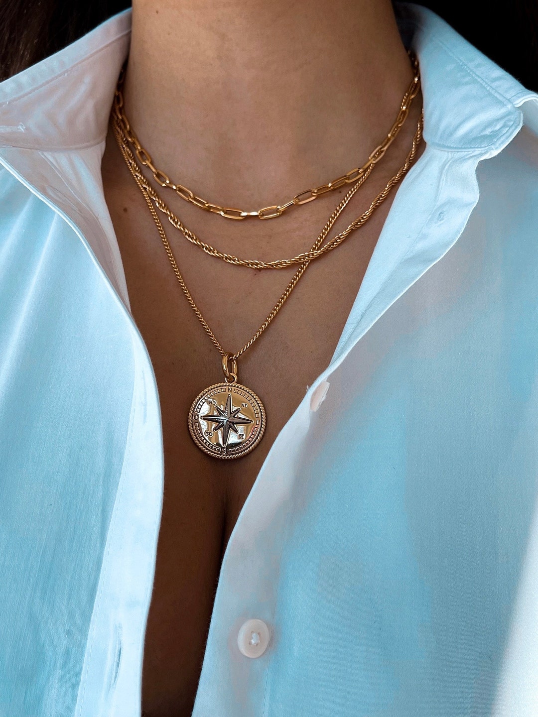 Gold Compass Necklace | Layer Necklace | 18K Gold Layered Compass ...