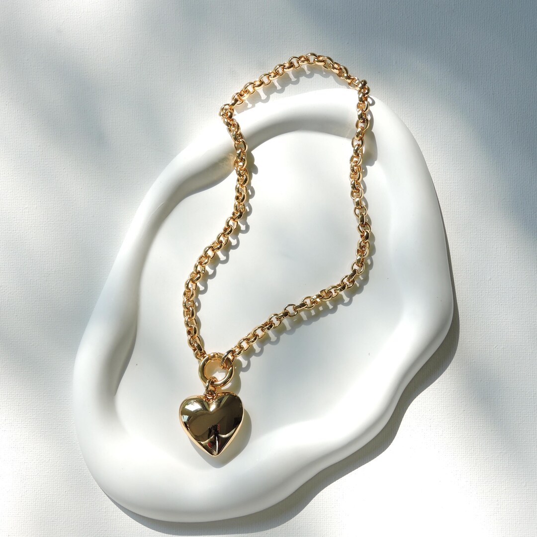 Gold Puff Heart Necklace | Heart Necklace Puffy Heart Necklace Puffed ...
