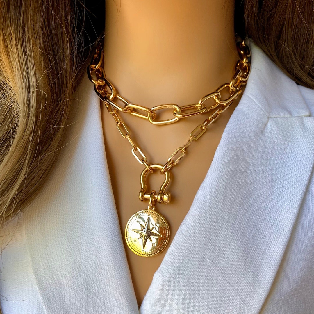 Gold Compass Charm Pendant Necklace | Chunky Link Chain Choker ...