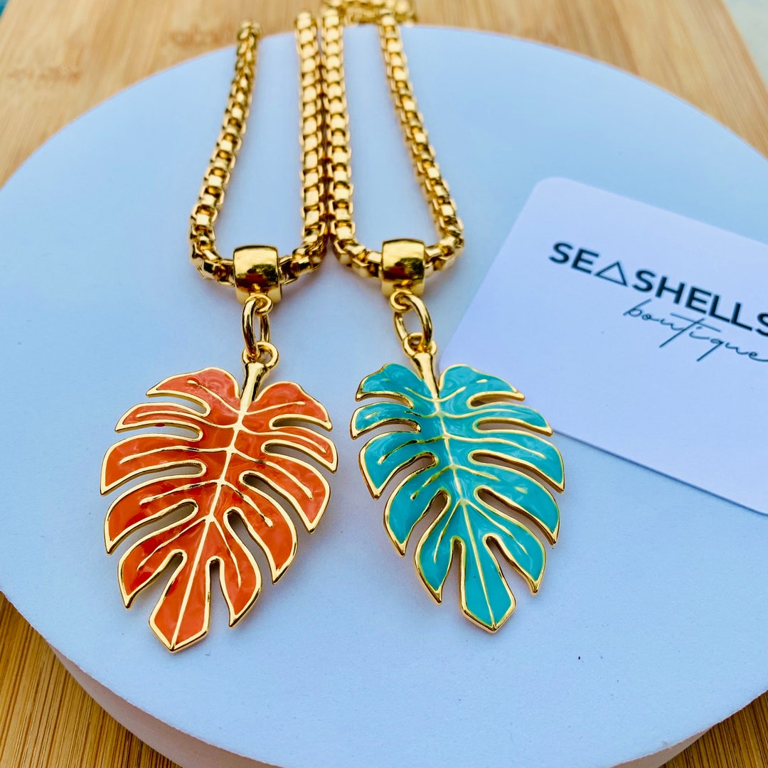 Monstera Leaf Necklace Pendant | Gold Box Chain Necklace Enamel Leaf ...