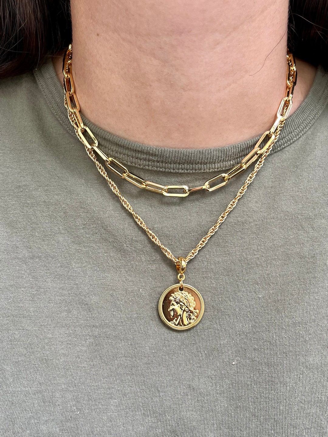 Gold Coin Medallion Charm Layered Necklace | Paperclip Link Chain ...