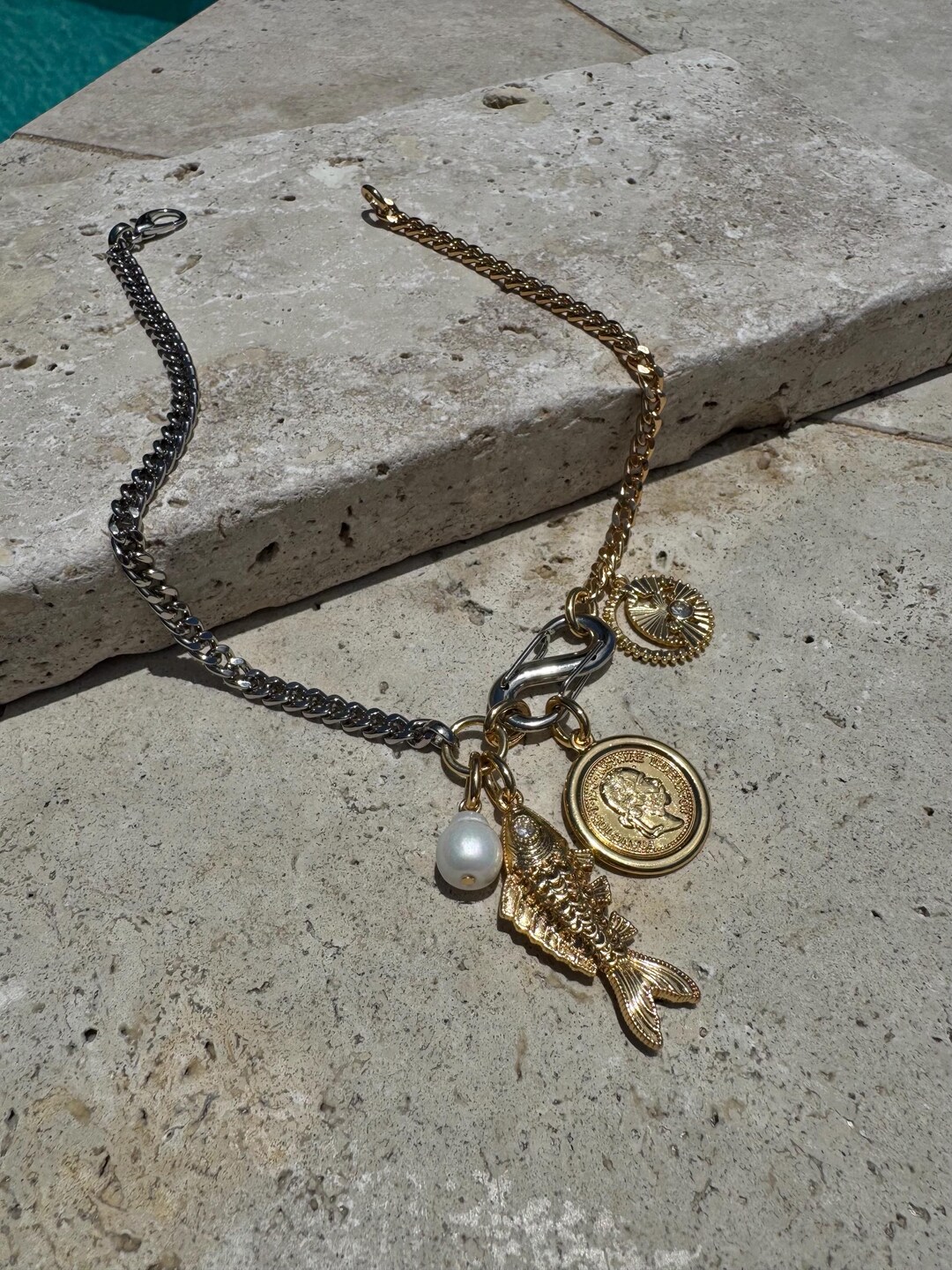 Multiple Charm Necklace | Y Charm Necklace | Mixed Metals Necklace ...