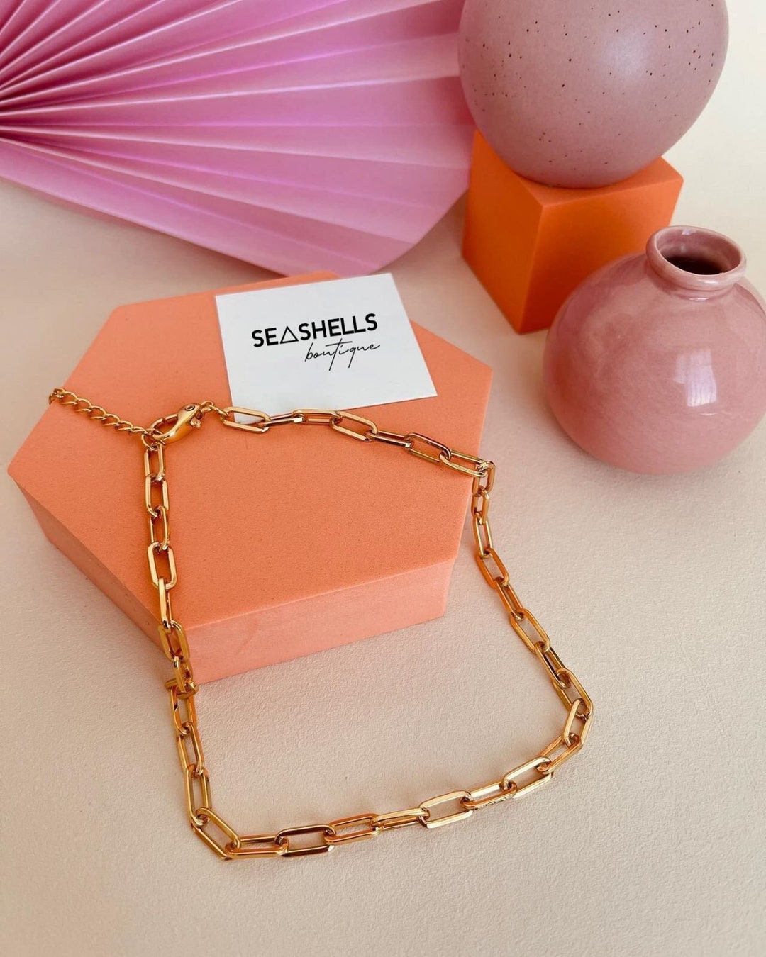 18K GF Rectangle Link Necklace | Simple Gold Choker Paperclip Link ...