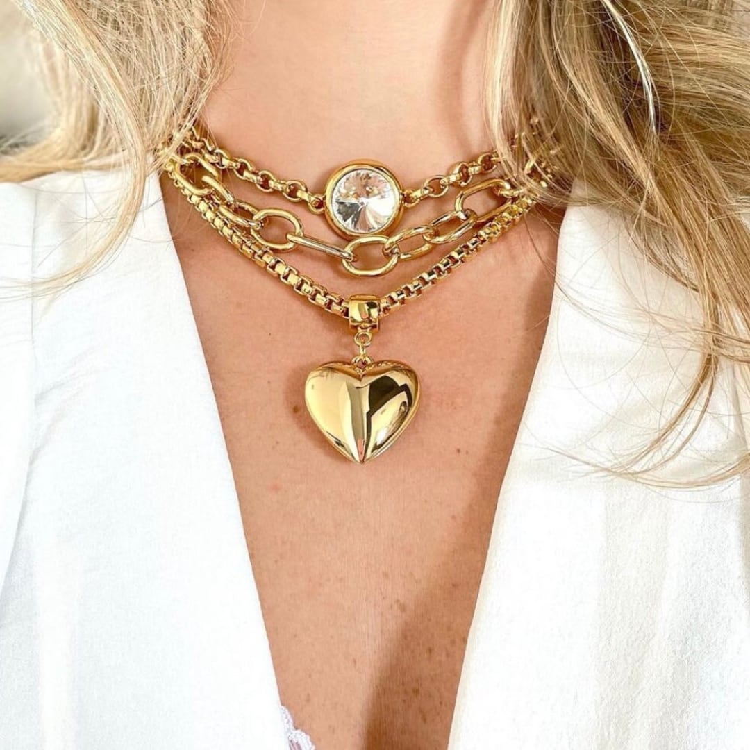 Gold Love Heart Necklace Large Gold Puffy Love Heart Pendant Gold Love ...