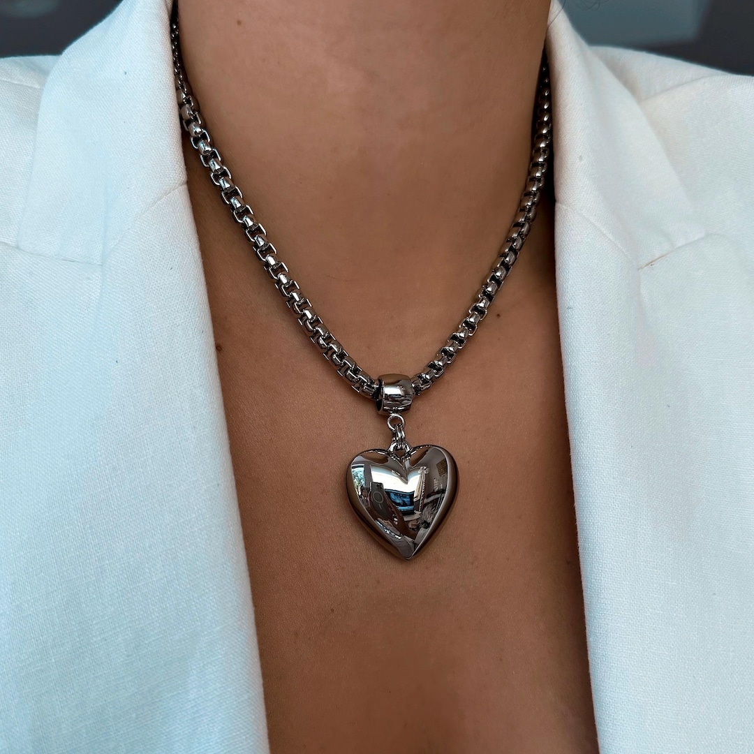 Silver Puffed Heart Pendant Necklace - Chunky Layering Style | Jewelry ...