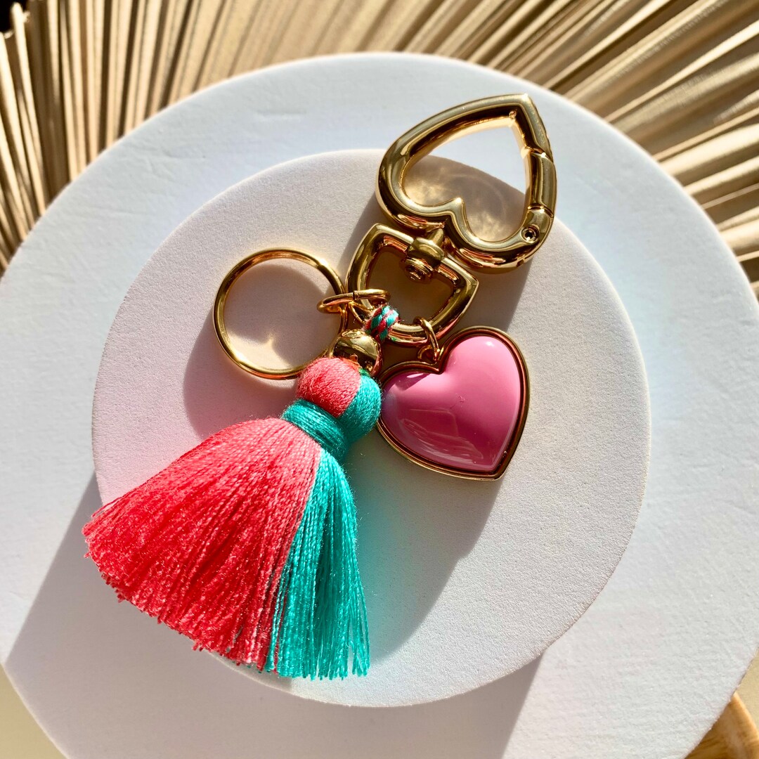 Cute Pink Love Heart Keychain Tassel Key Holder Heart Carabiner ...