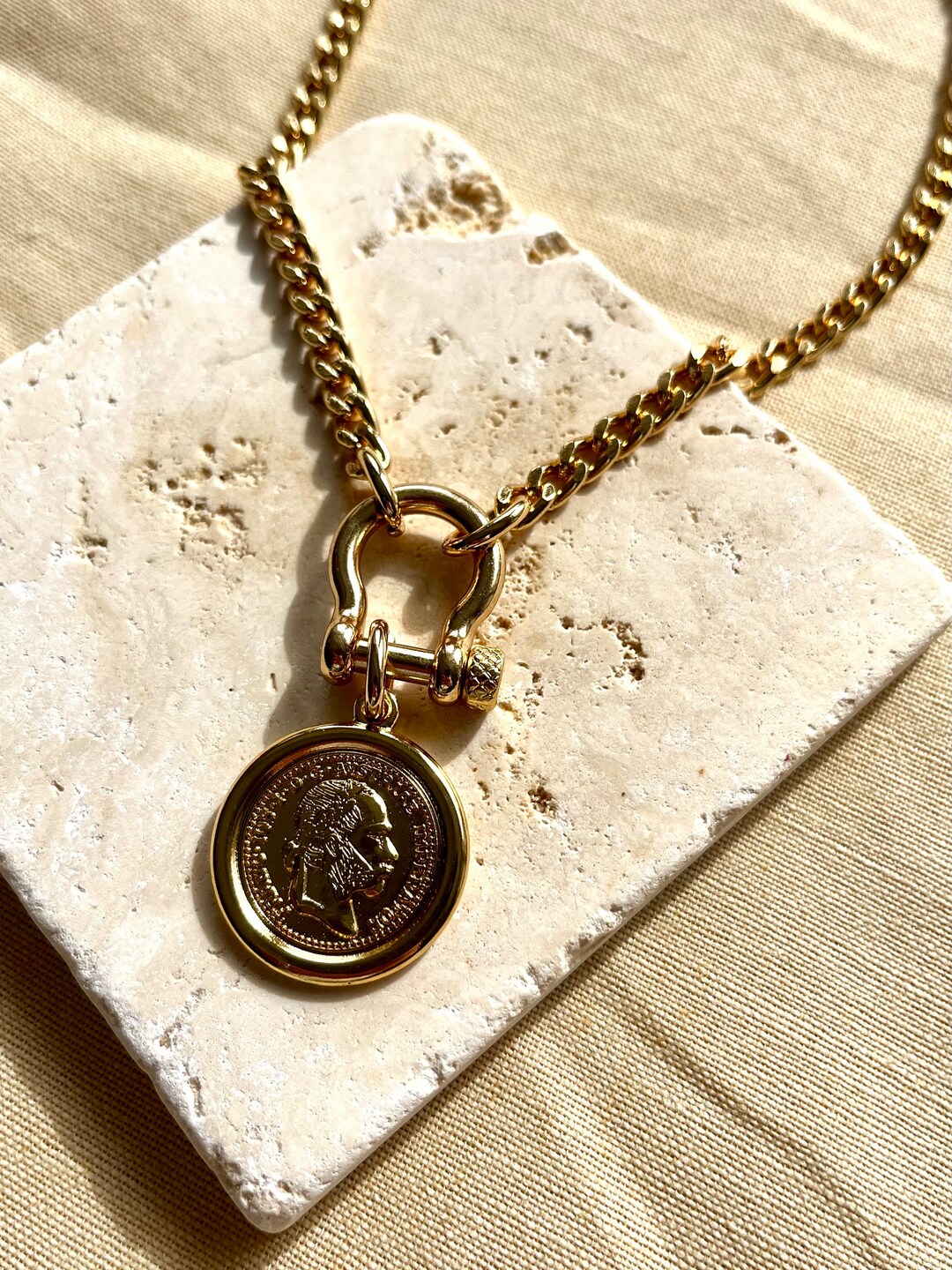 Gold Coin Charm Necklace: Shackle Clasp Chain Link - Etsy