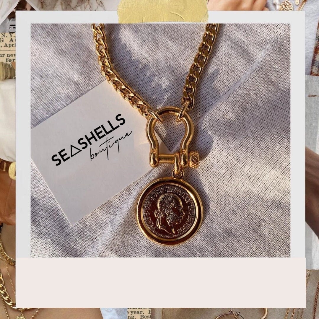 18" Gold Horseshoe Carabiner Clasp Necklace | Ancient Coin Charm ...
