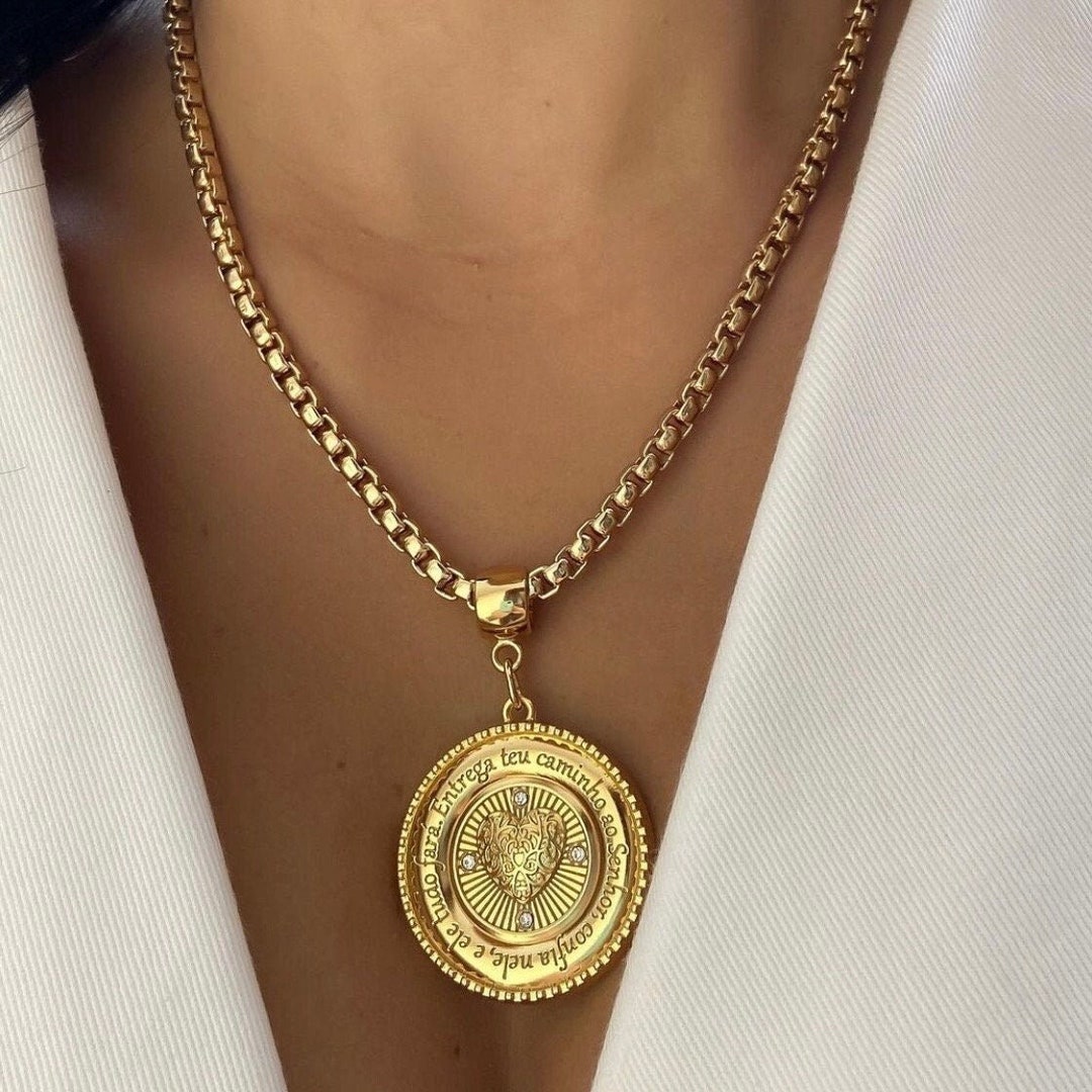 Sacread Heart Medallion Pendant Gold Chain Necklace With Large Organic ...