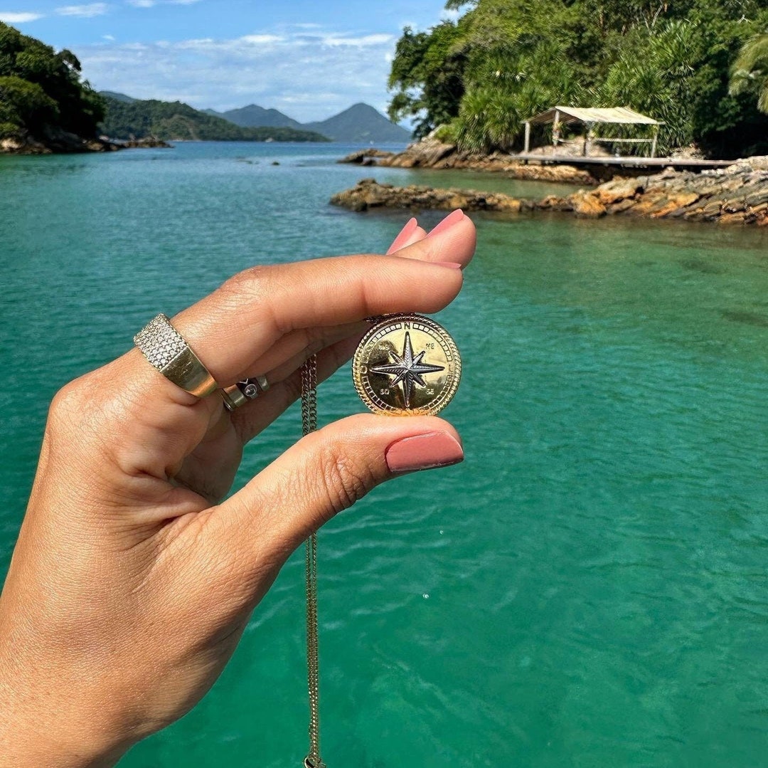 Coin Necklace | Gold Compass Charm Pendant Gift for Traveler Nautical ...