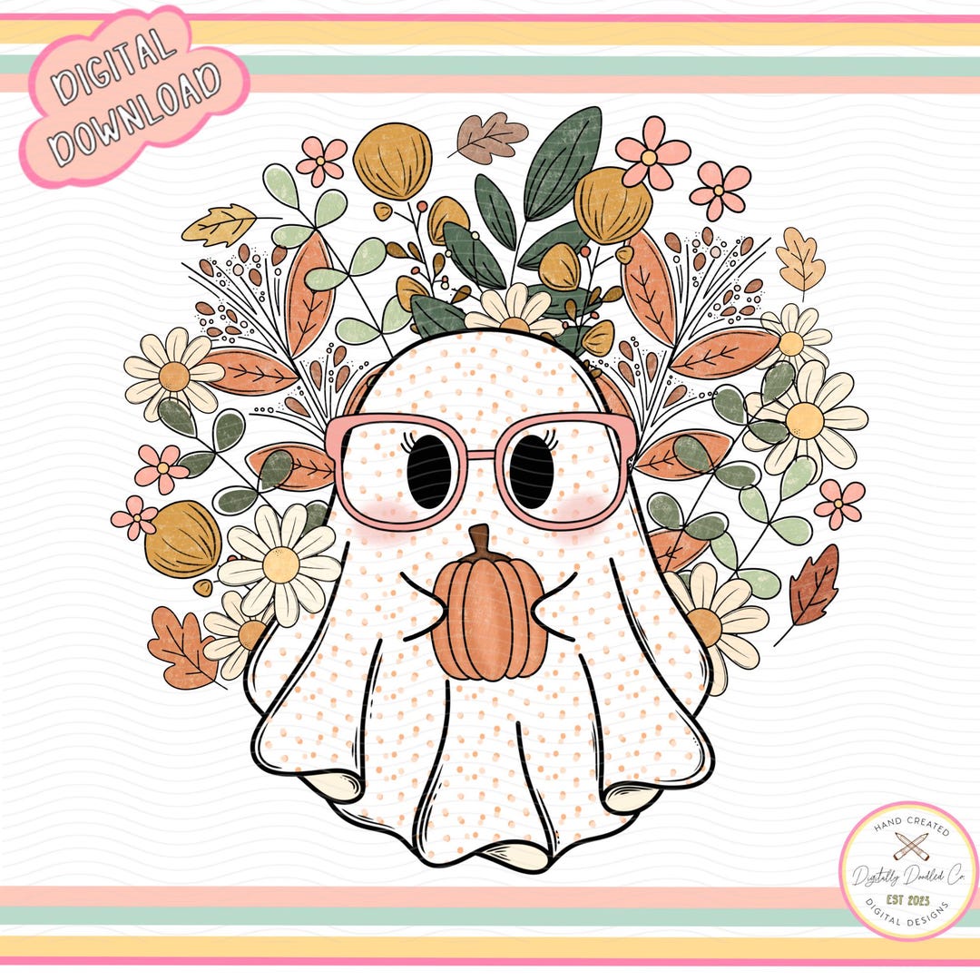 Fall Ghost Png•fall Floral Ghost Png•cute Ghost With Pumpkin•boho Ghost ...