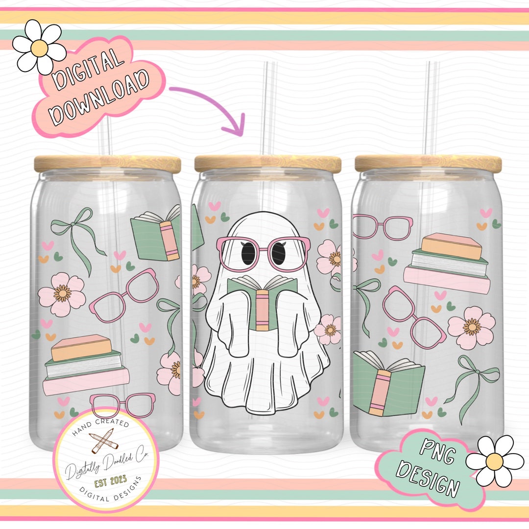 Bookish Ghost 16 Oz Glass Can Wrap•bookish Girly Png•booklover Png ...