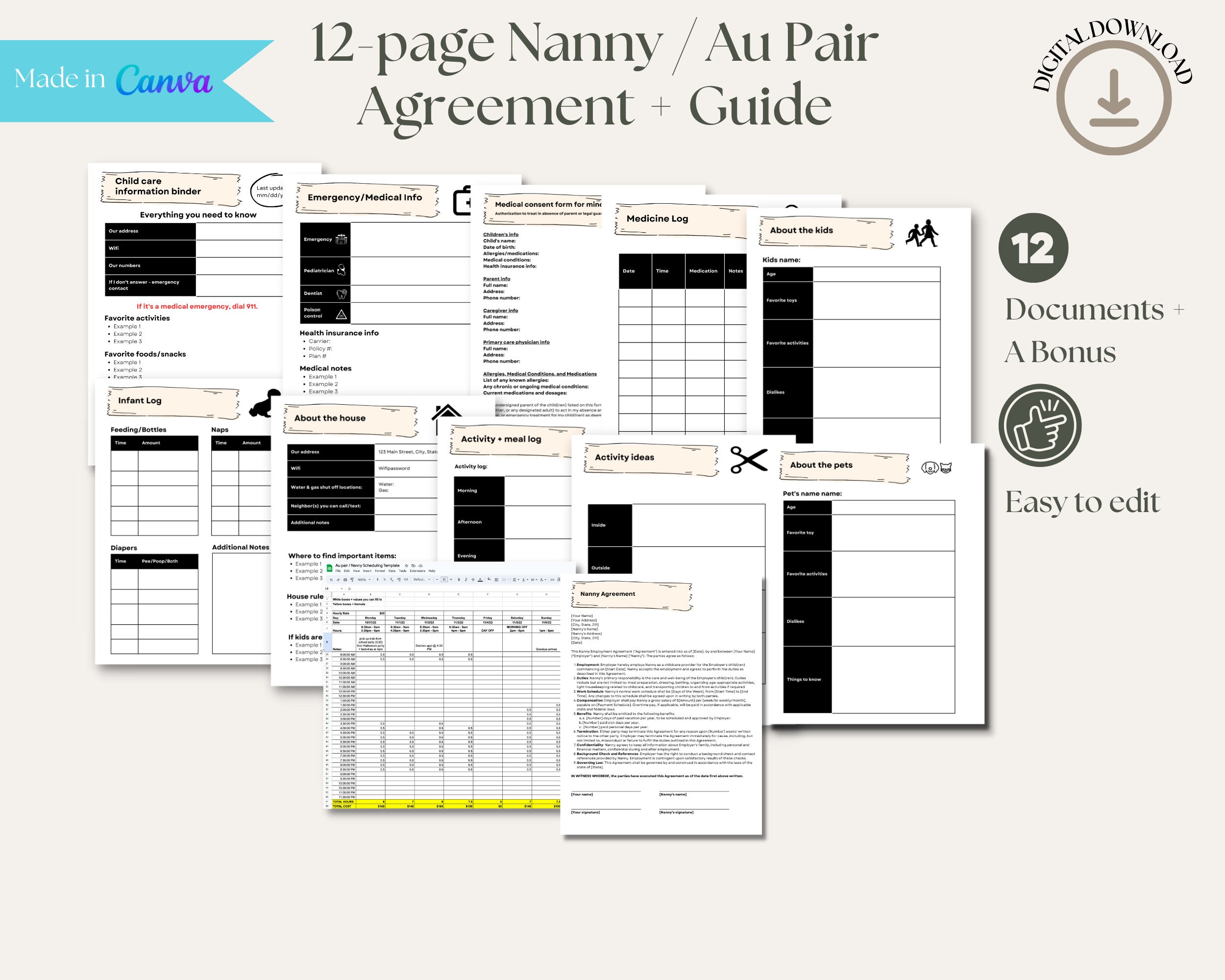 Nanny Binder Printable | Nanny Notes | Nanny Agreement | Au Pair ...
