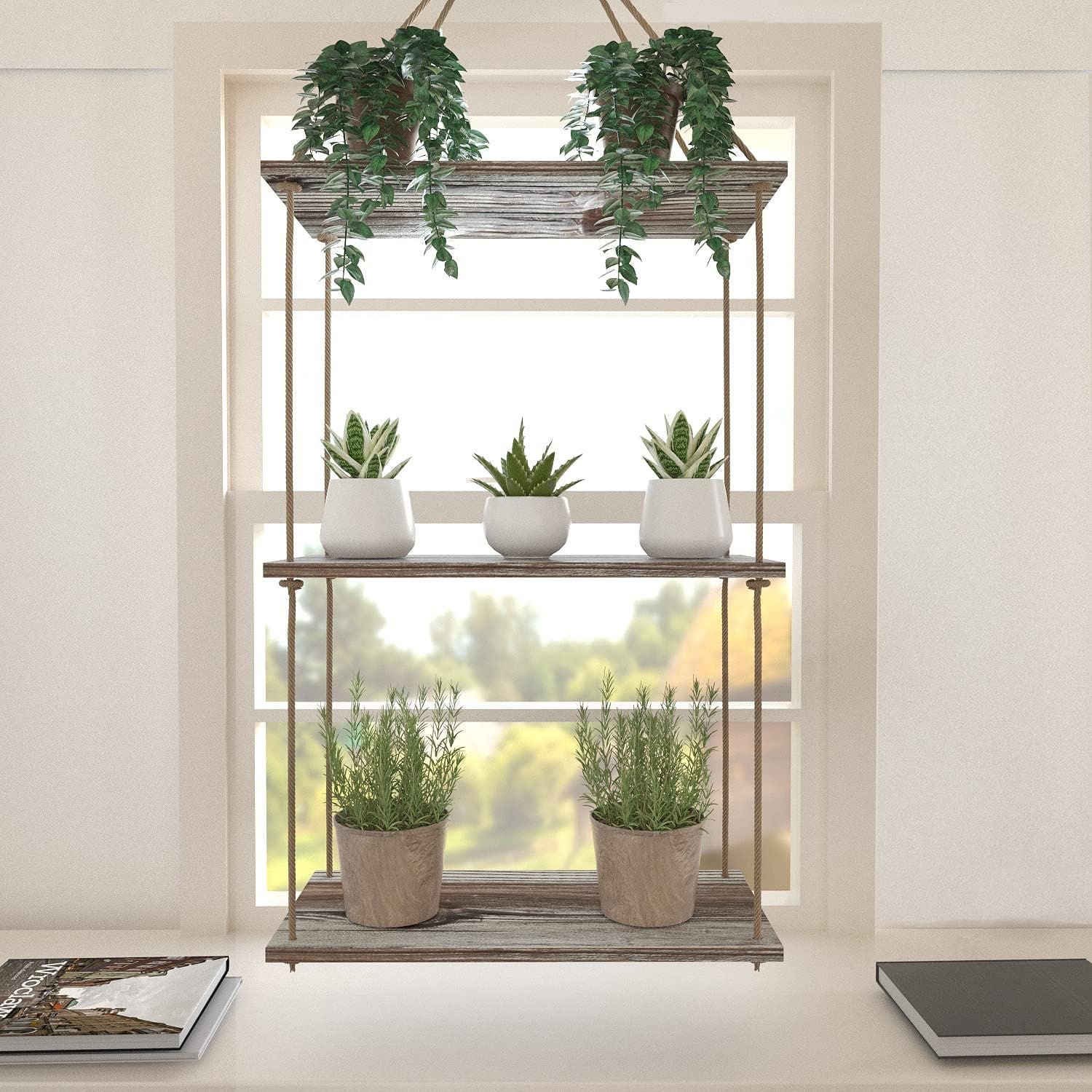 3 Tier Hanging Plant Shelf-rustic Wood Hanging Shelvesfloating ...