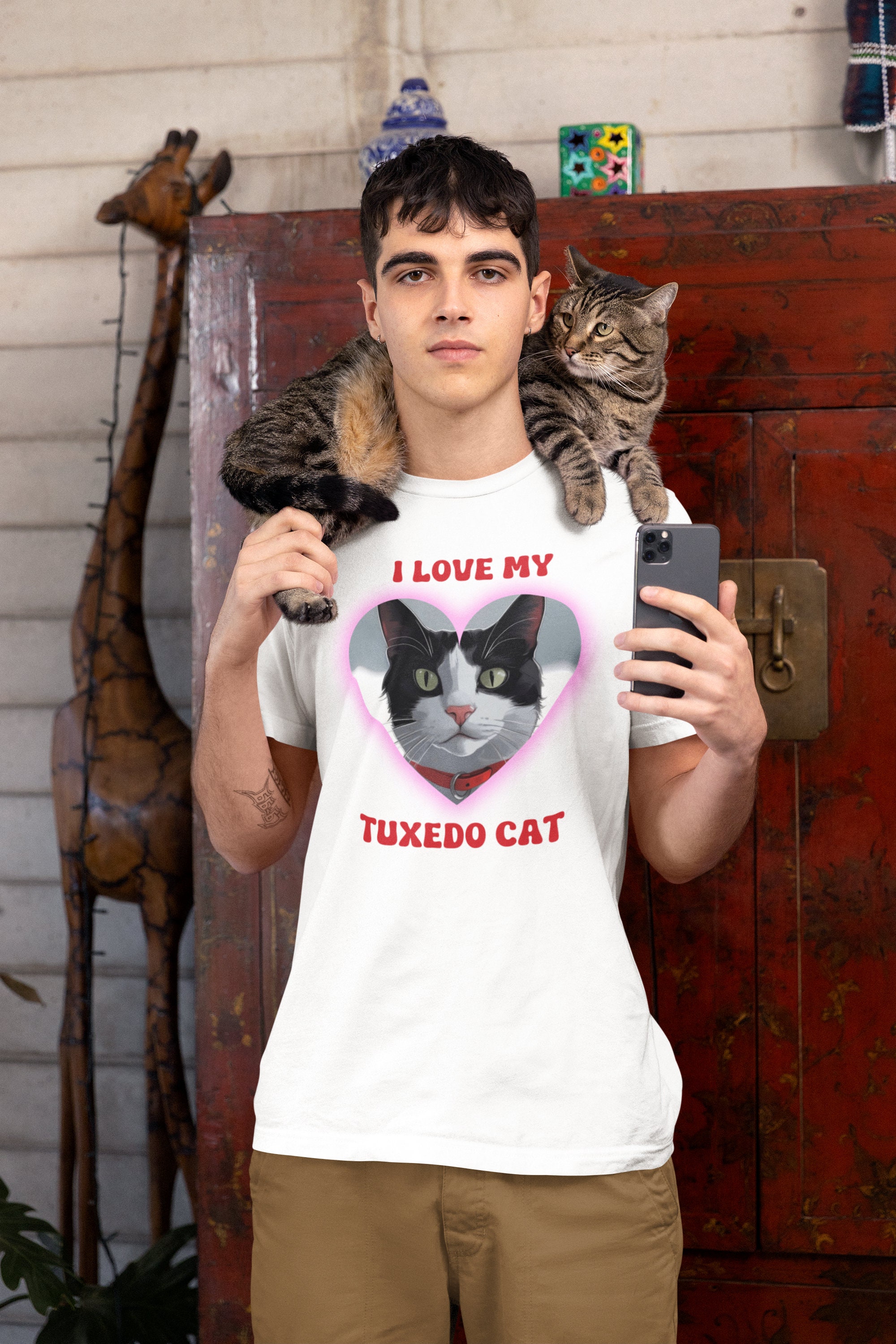 I Love My Tuxedo Cat Shirt Cute Cat Lover Tee Heart Shaped Feline Graphic Unisex Cat